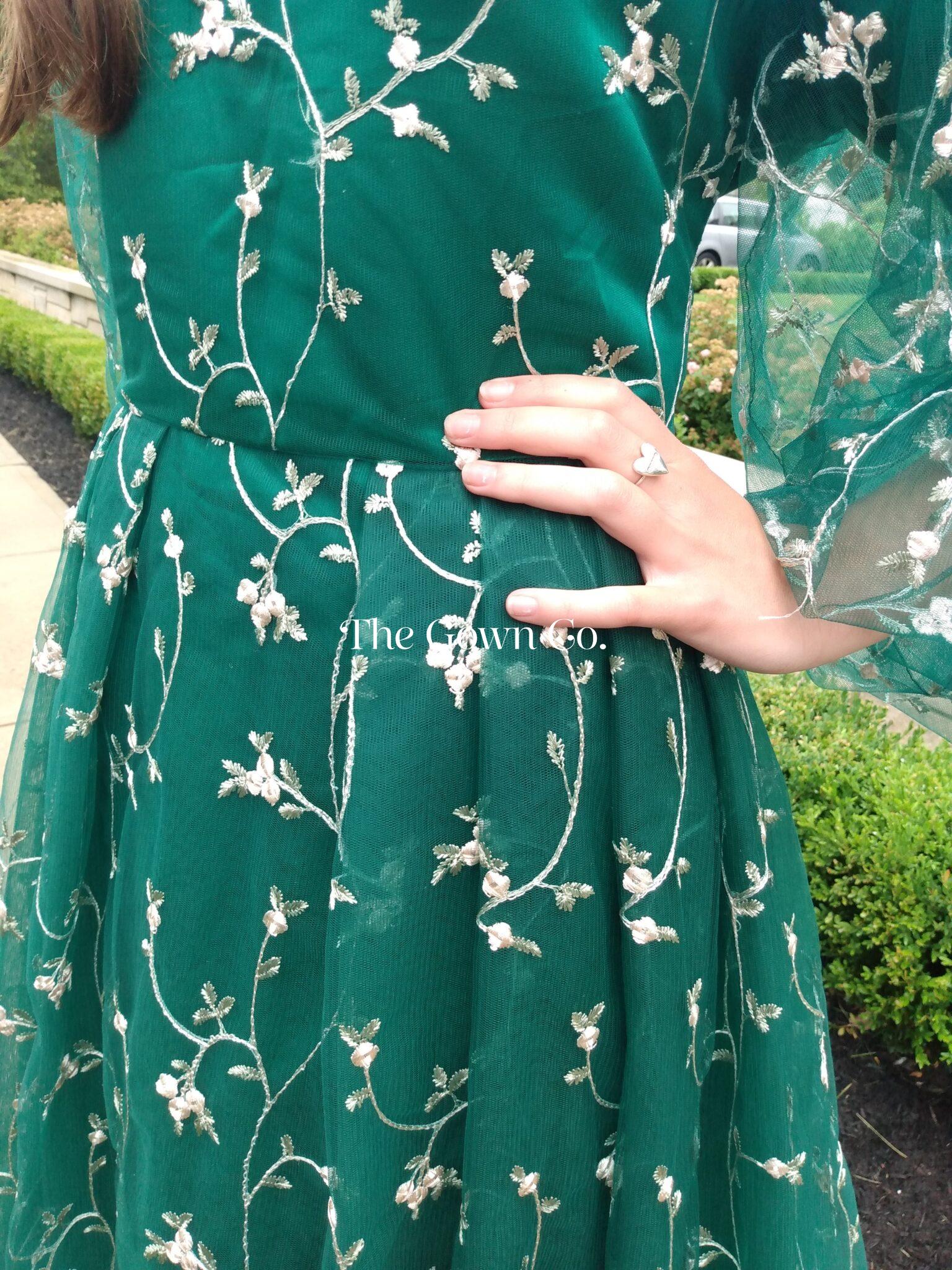 Forest Green Floral Embroidered Gown - The Gown Co.