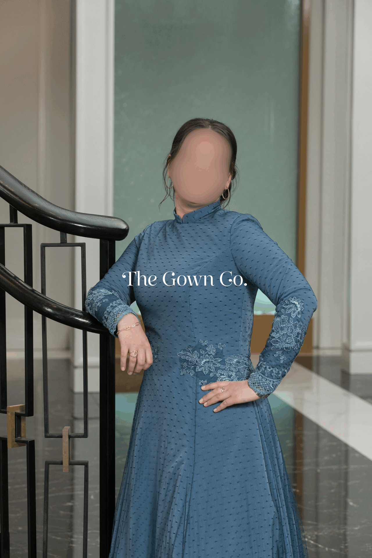 Custom Slate Blue Gown with Floral Lace Detail - The Gown Co.