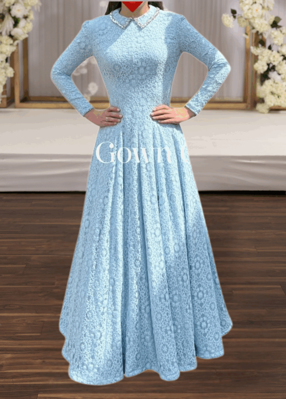 Elegant Light Blue Lace Gown with Beaded Collar - The Gown Co.